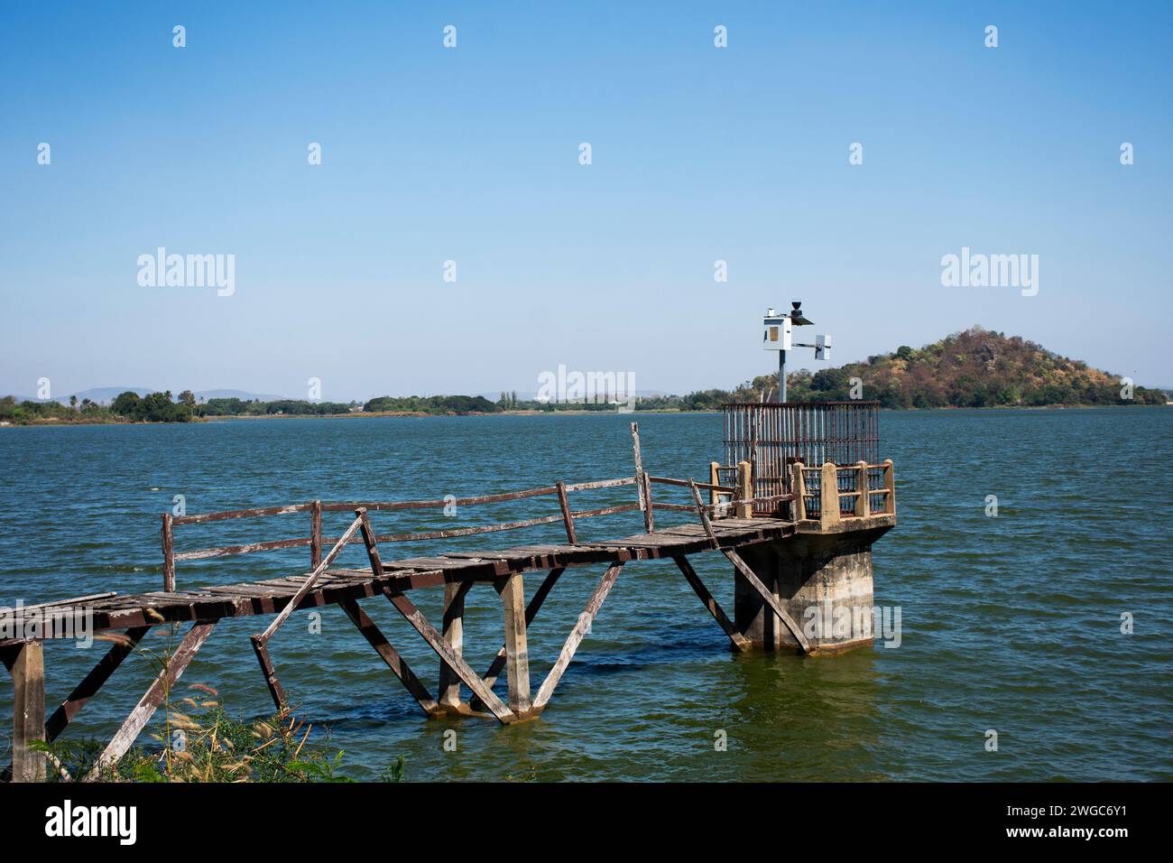 View landscape with old water level measurement station and broken ...