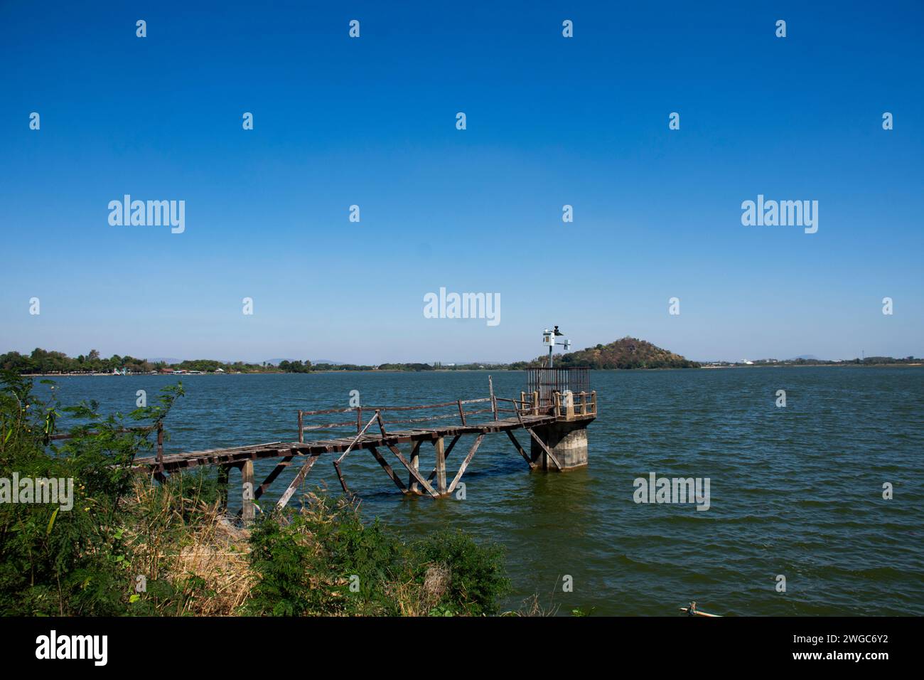 View landscape with old water level measurement station and broken ...