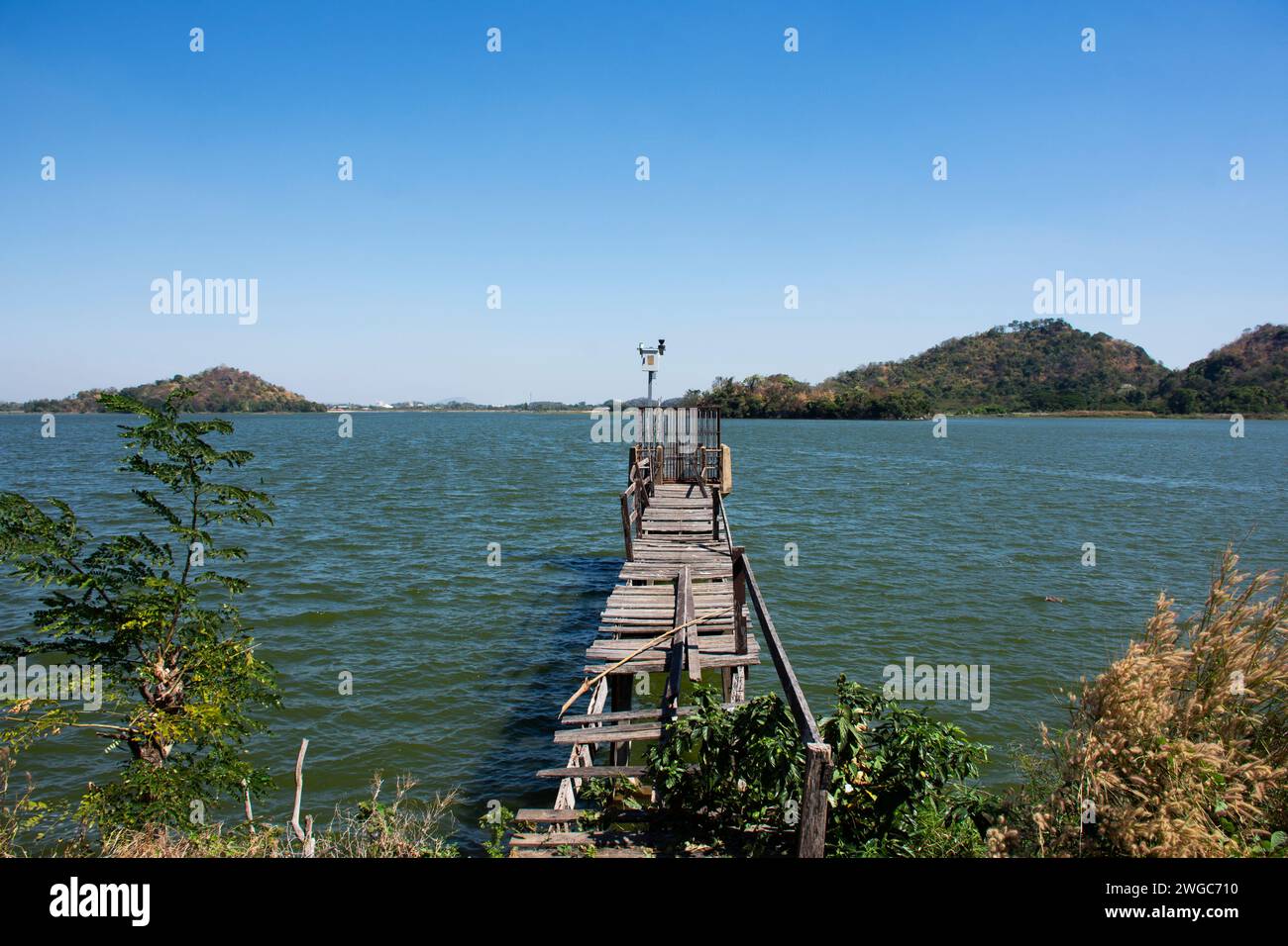 View landscape with old water level measurement station and broken ...