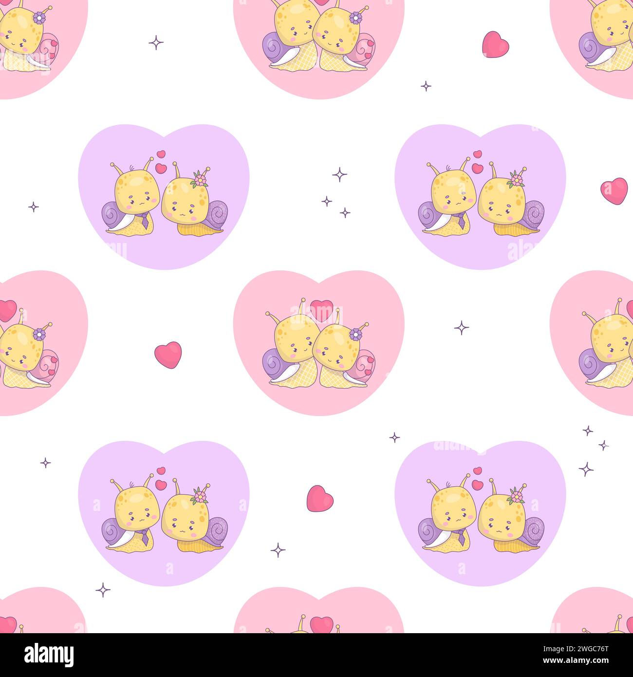Seamless pattern with loving couple snails on white background with hearts. Funny kawaii insect ...