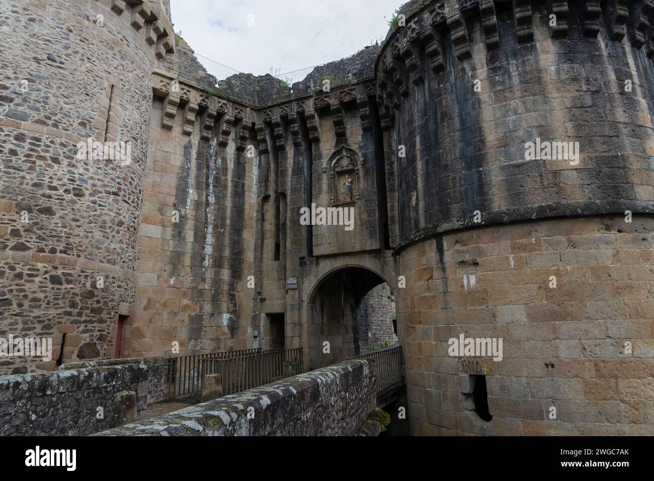 stonework of an aged medieval castle, the Chateau de Fougeres, France ...