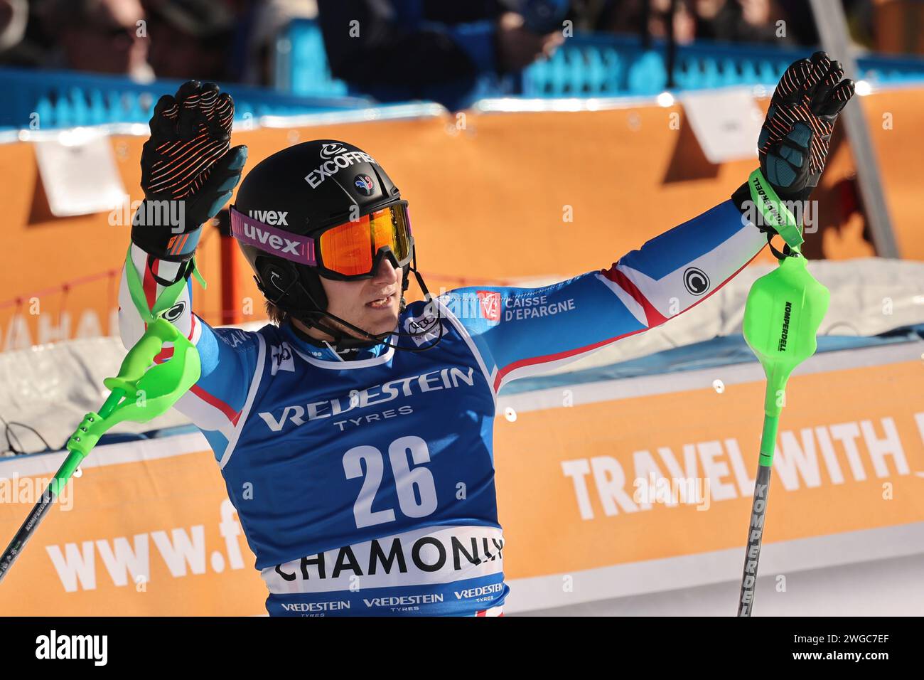 France's Steven Amiez celebrates at the finish area of an alpine ski ...