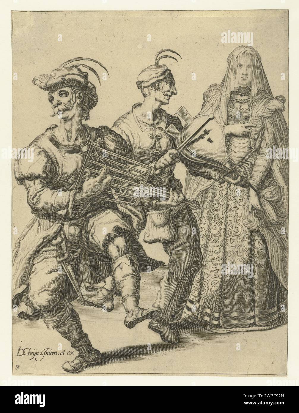 A veiled lady and two masked musicians, 1595 - 1596 print Two musicians ...