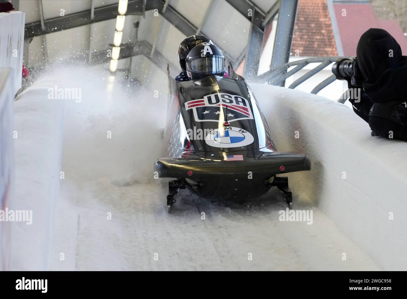 Fifth placed Elana Meyers Taylor and Azaria Hill of USA finish their ...