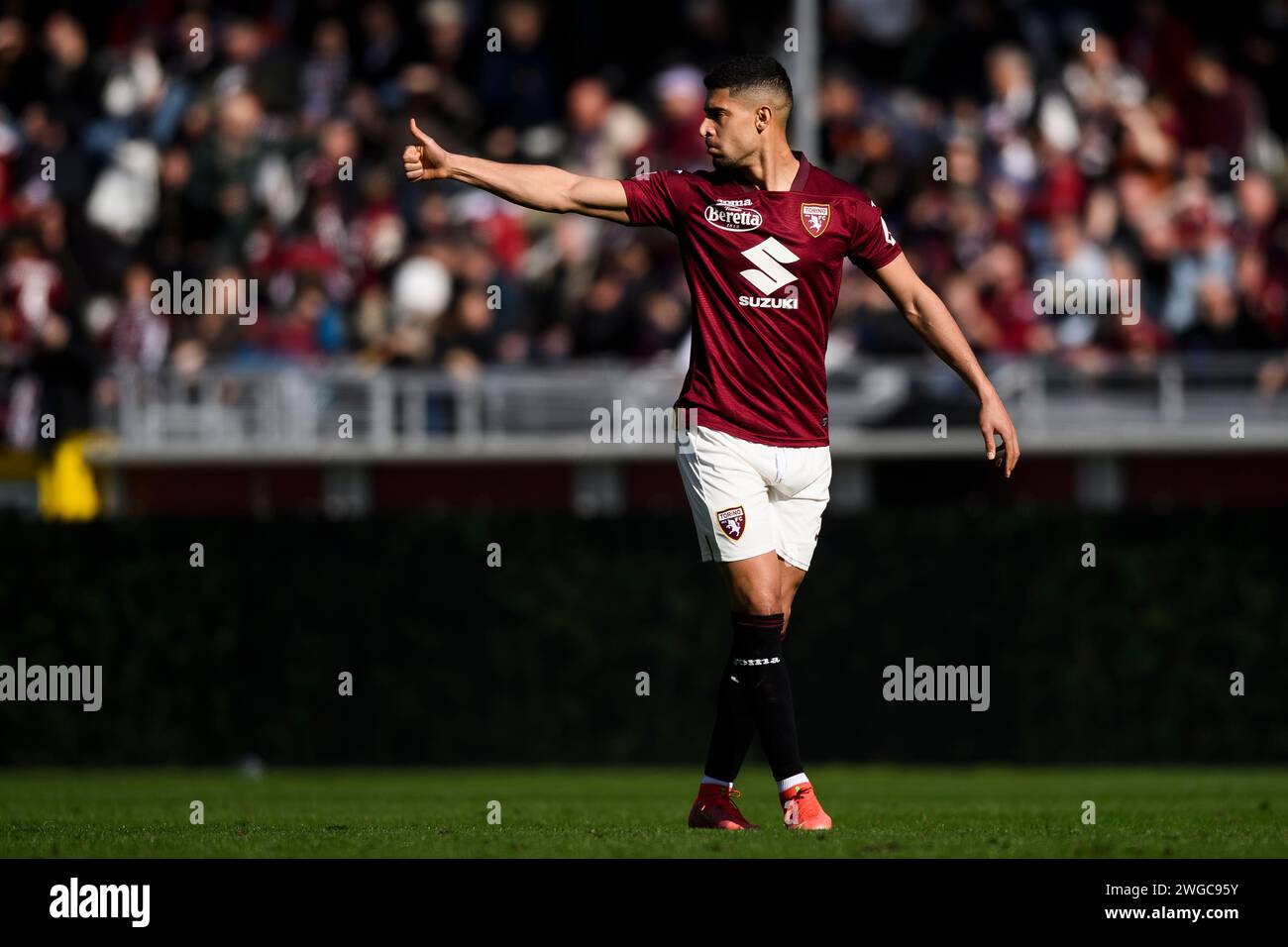 Turin, Italy. 4 February 2024. Adam Masina of Torino FC gestures during ...