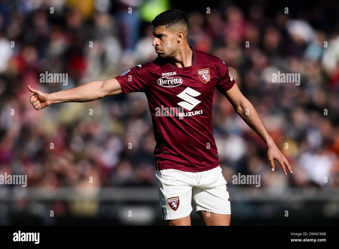 Turin, Italy. 4 February 2024. Adam Masina of Torino FC gestures during ...