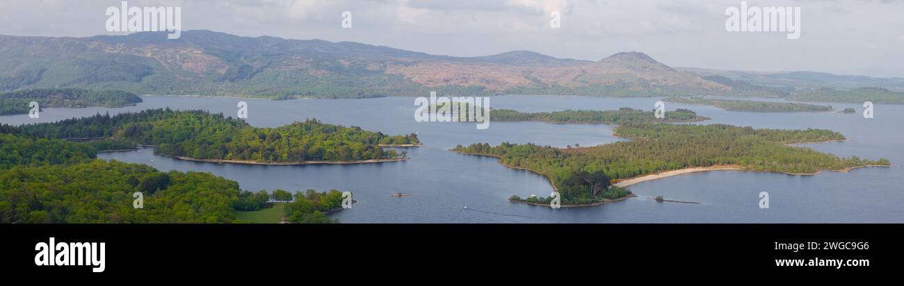 Loch Lomond aerial view showing islands Inchtavannach, Inchconnachan ...