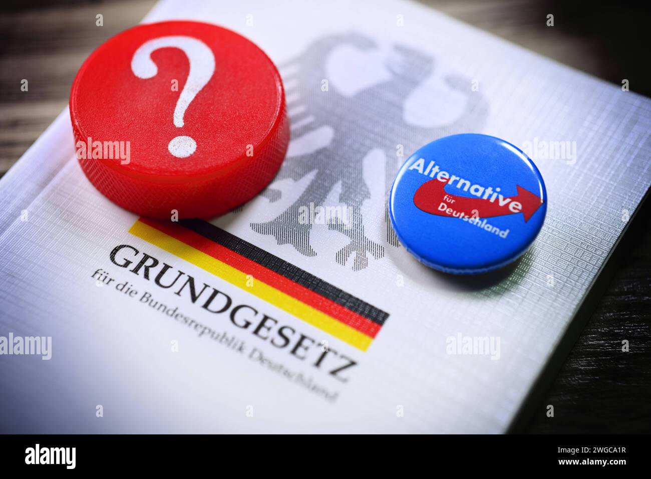Parteianstecker der AfD und Fragezeichen auf dem deutschen Grundgesetz ...
