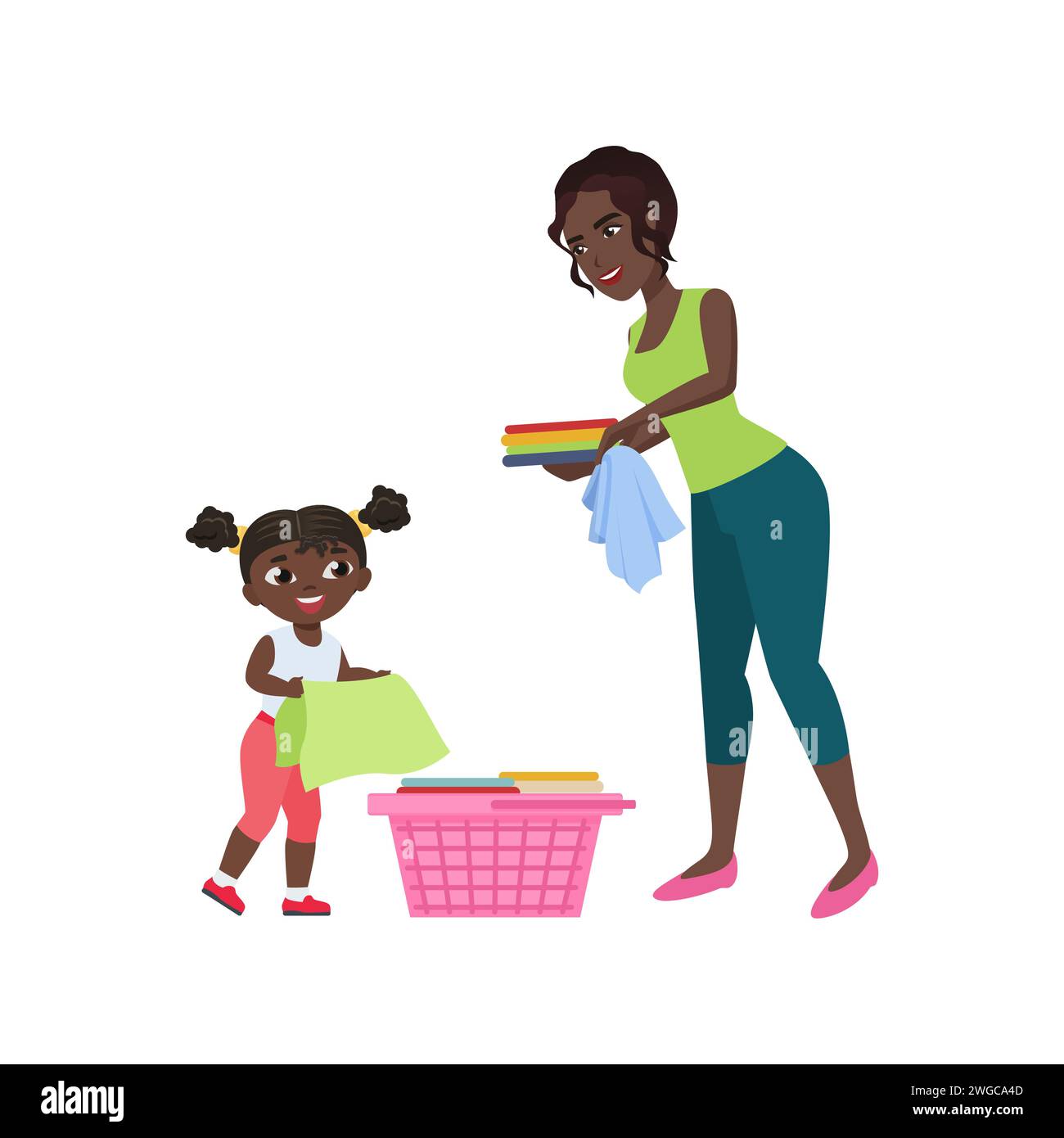 Daughter and mother doing laundry, carry dirty clothes to basket vector ...