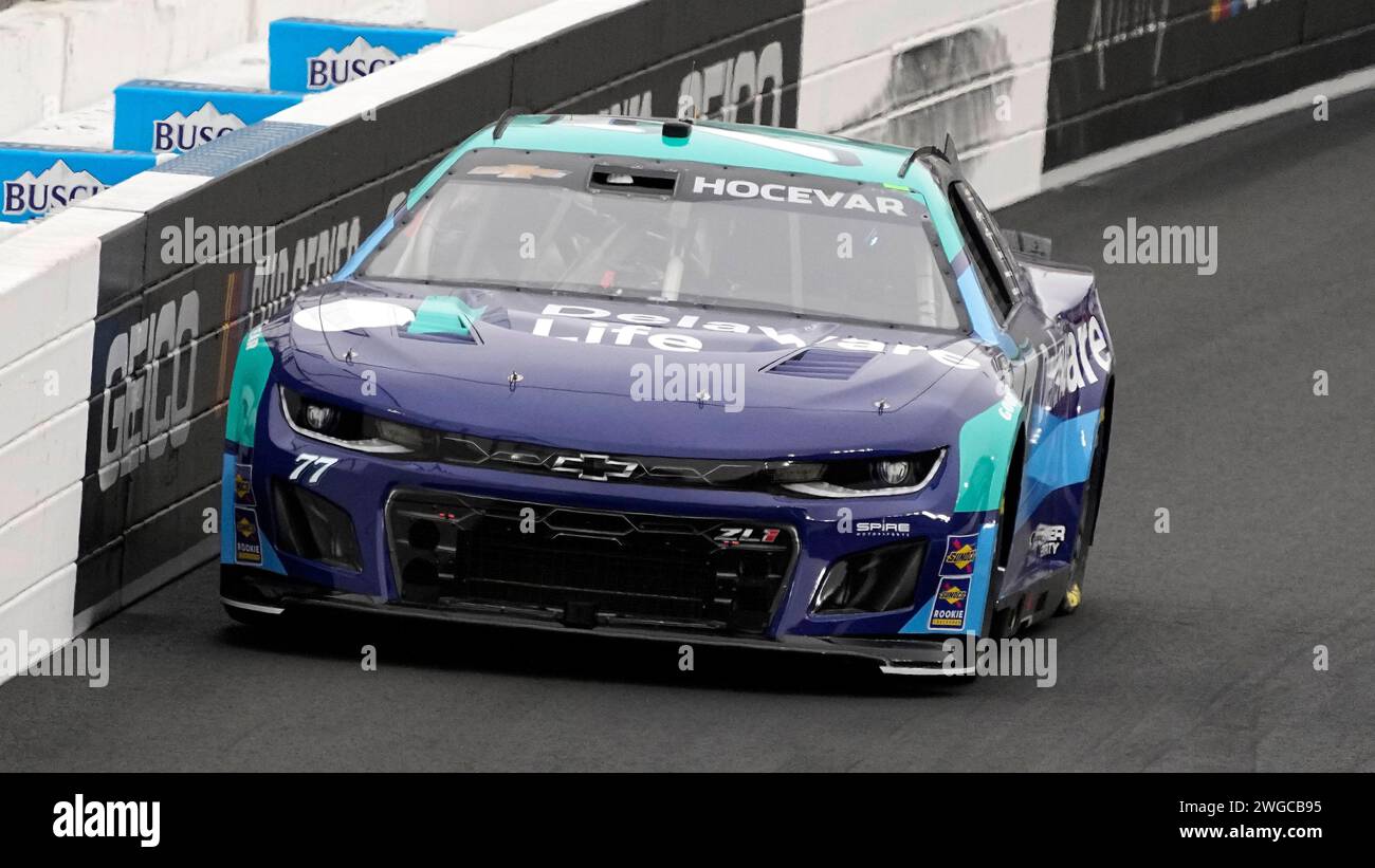 Carson Hocevar (77) drives during qualifying heats for the Busch Light ...
