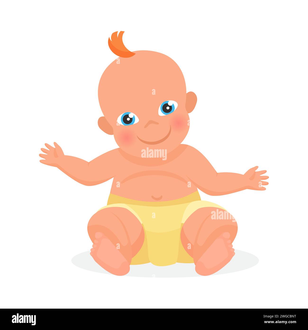 Newborn baby in yellow diaper sitting, happy infant kid playing vector ...