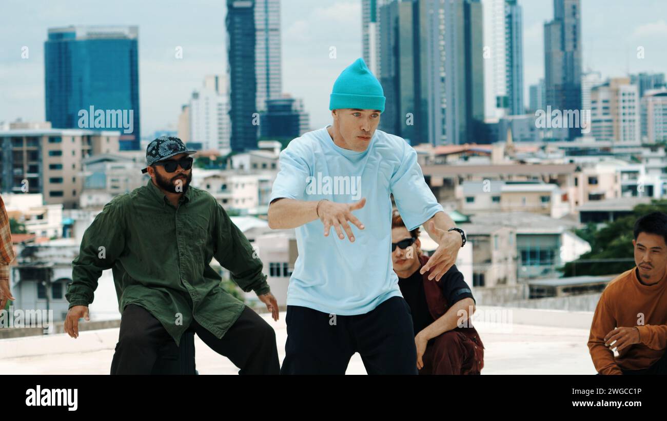 Professional break dance team practice B-boy dance while multicultural ...