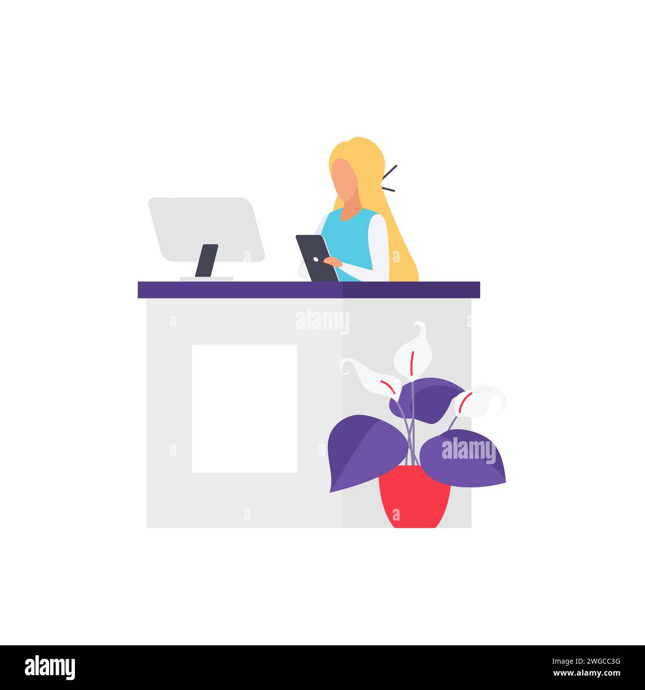 Receptionist waiting for clients at reception desk, woman behind ...