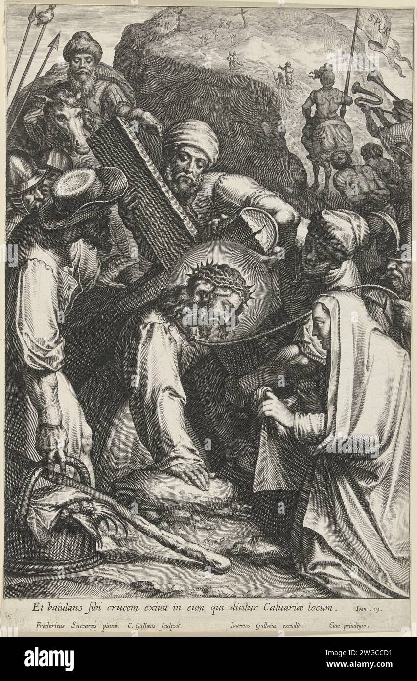 Kruisdraging, Cornelis Galle (I), After Federico Zuccaro, c. 1627 - 1676 print Surrounded by a ...