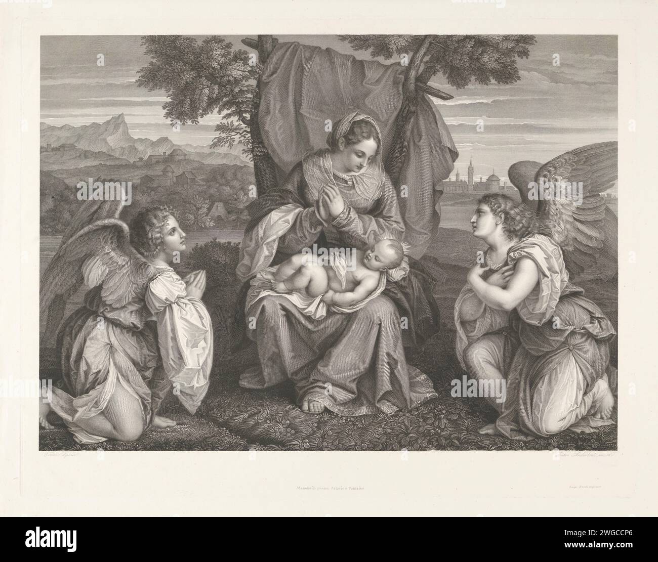 Maria with child in landscape between two angels, Pietro Anderloni ...