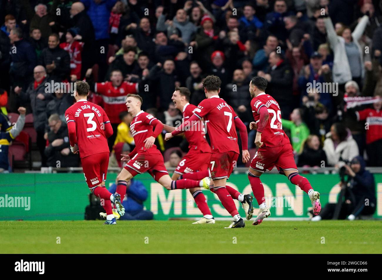 Middlesbrough's Marcus Forss (second left) celebrates with teammates ...