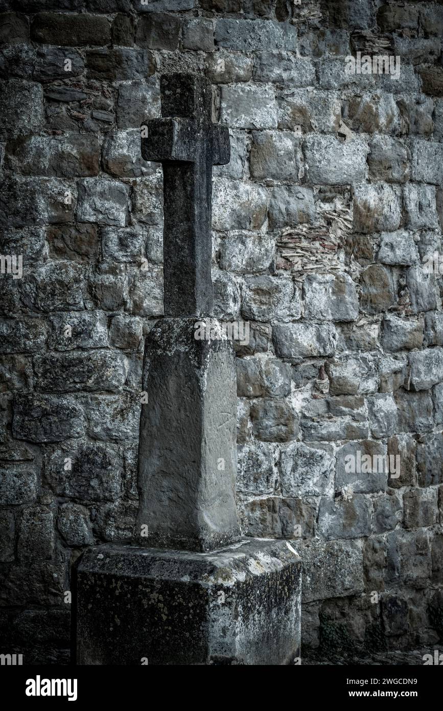 Cross in La Cite, medieval citadel with double-walled fortifications ...