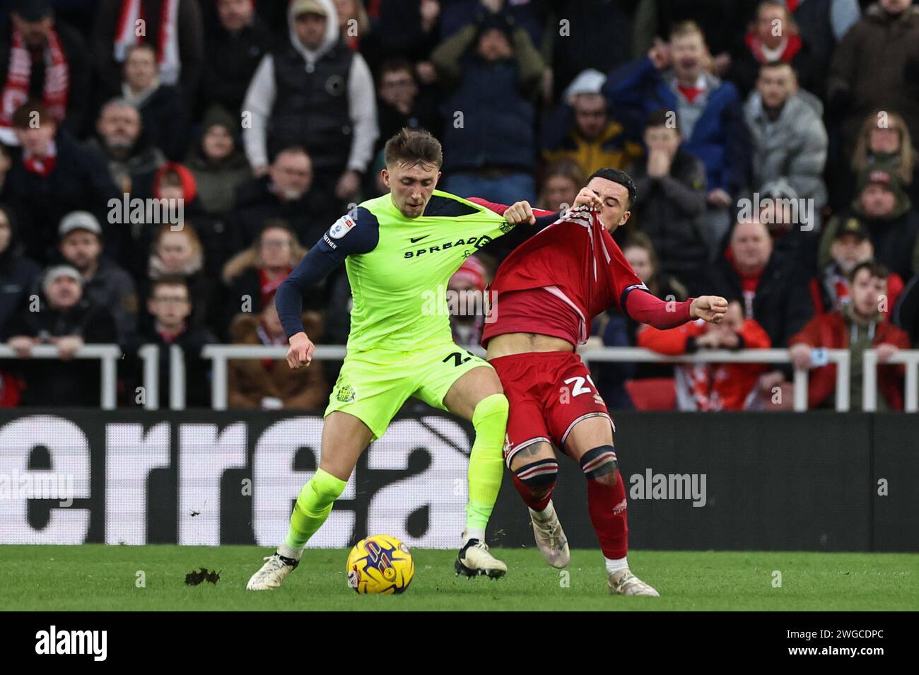 Middlesbrough, UK. 04th Feb, 2024. Dan Neil of Sunderland fouls Sam ...