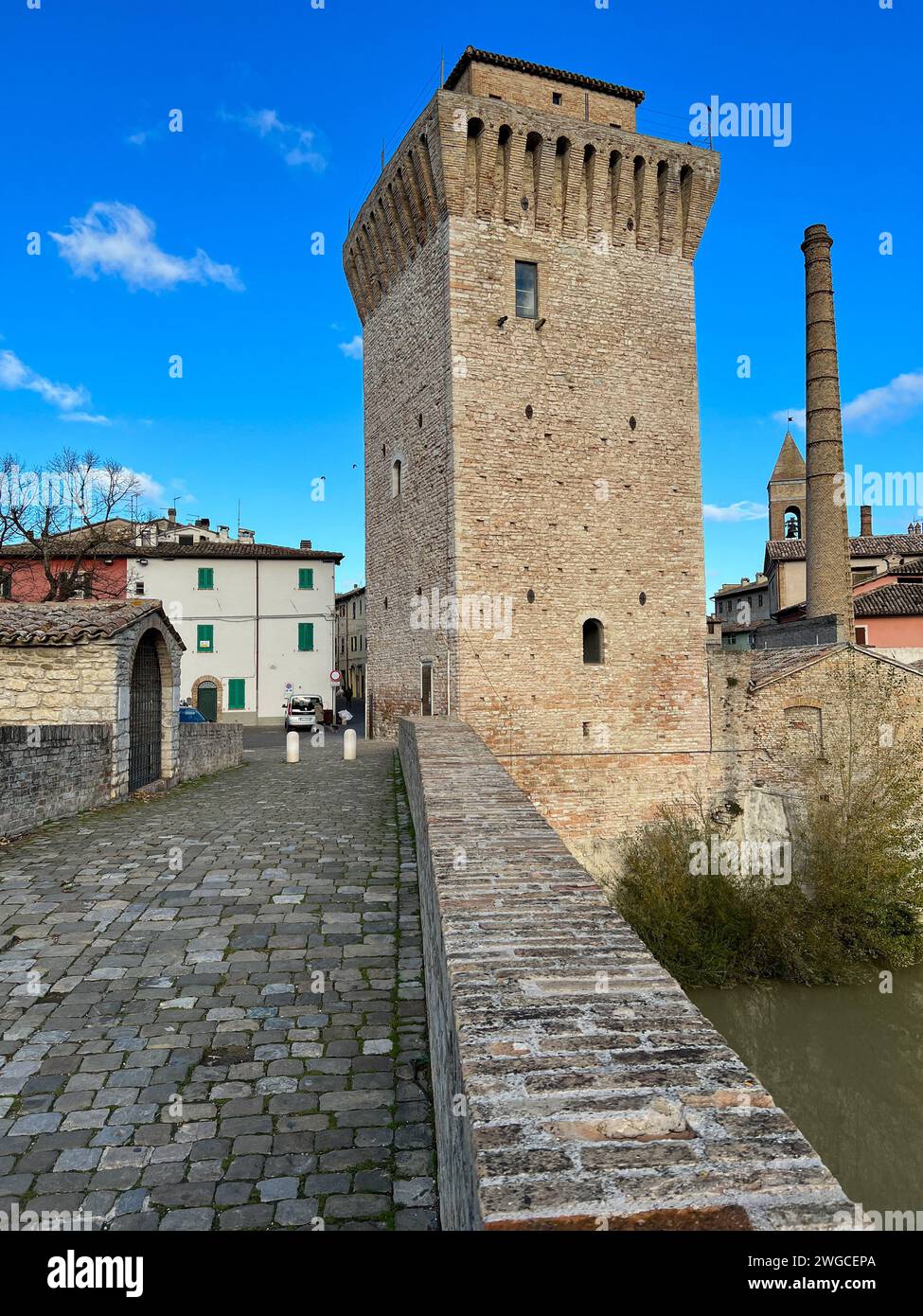 A view of the medieval village of Fermignano in the province of Pesaro ...