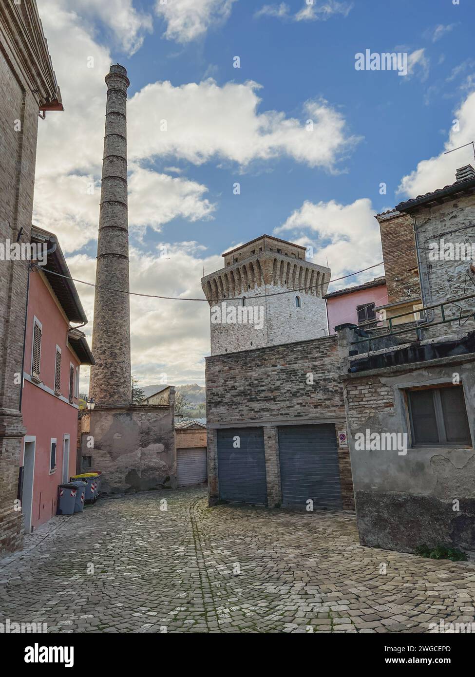 A view of the medieval village of Fermignano in the province of Pesaro ...