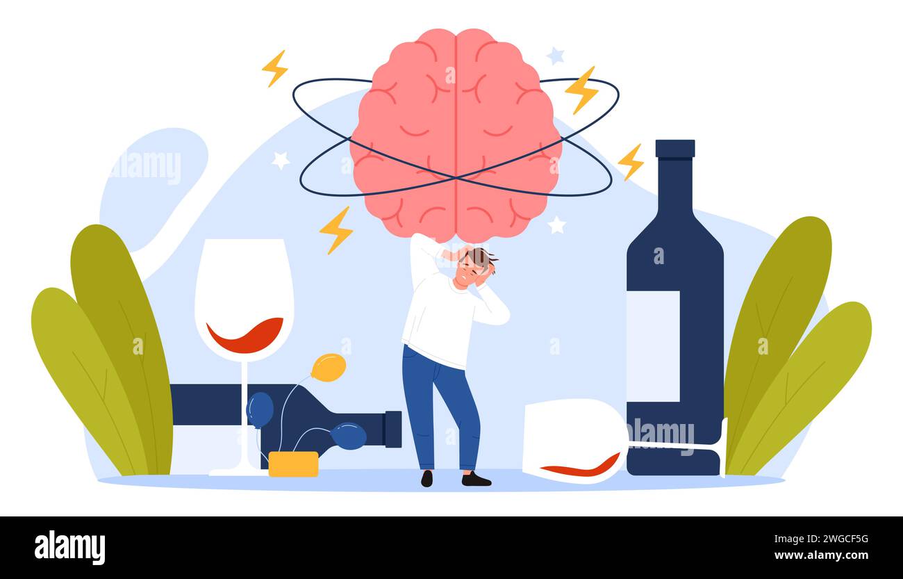 Hangover from alcohol overdose. Tiny drunkard suffering from dizzy ...