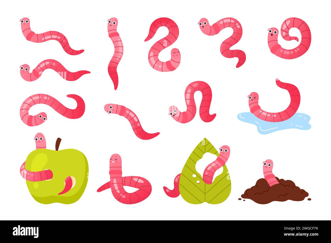 Funny pink worms set. Cute happy earthworms characters eat apple or green leaf, mascots with ...