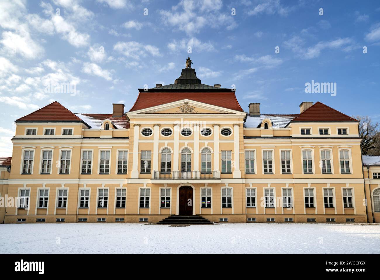 classicist facade of the palace in the village of Rogalin during winter ...