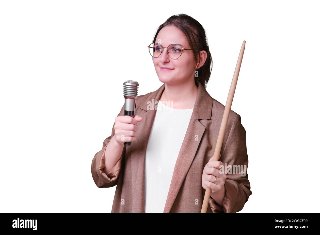 Happy woman teacher holding microphone on studio isolated on a white ...