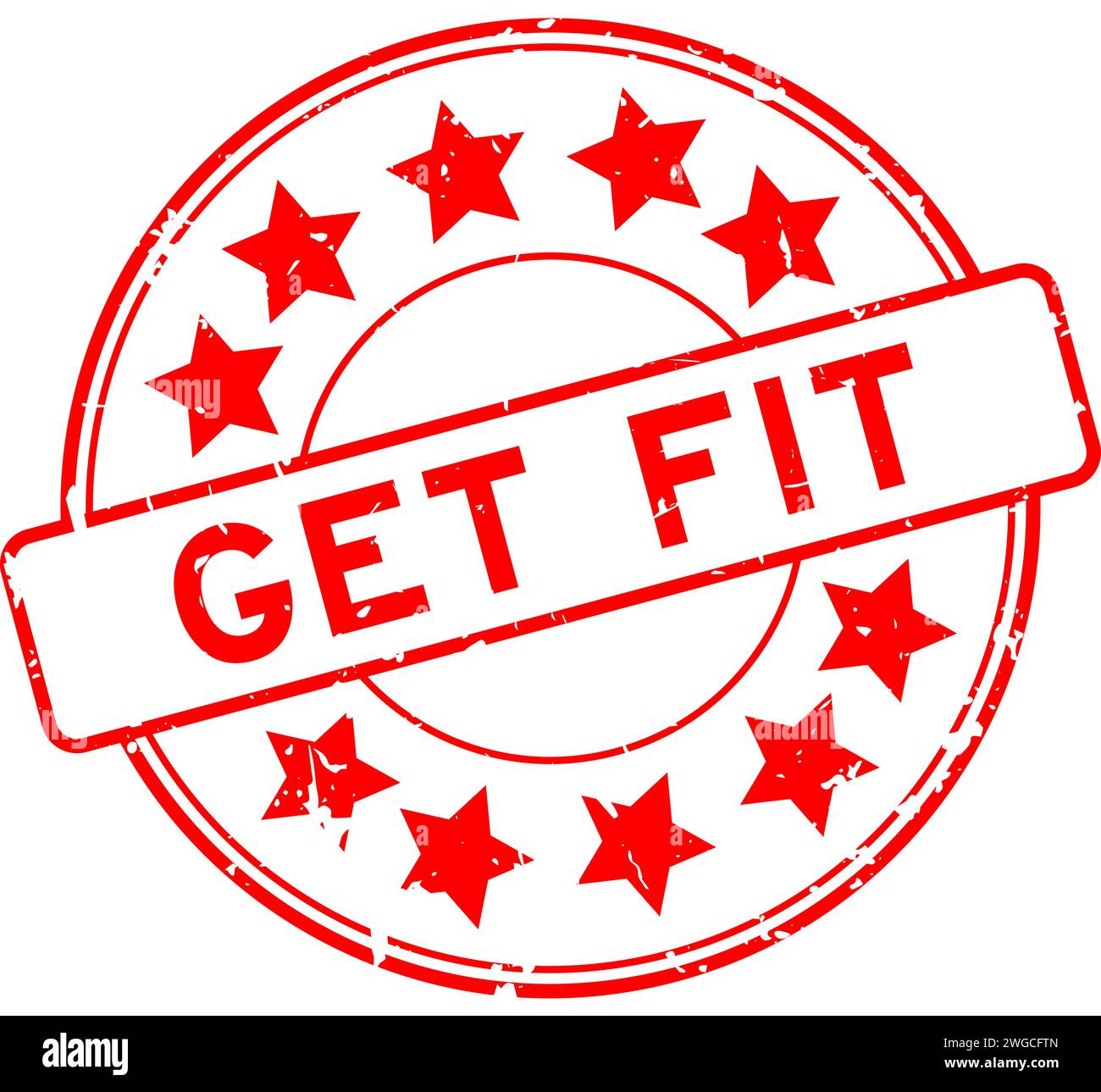 Grunge red get fit word with star icon round rubber seal stamp on white ...