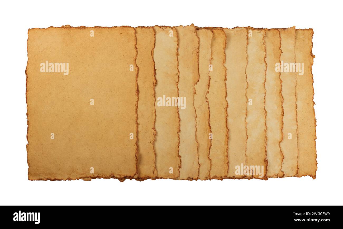Close up one stack of blank old antique vintage brown paper parchment ...