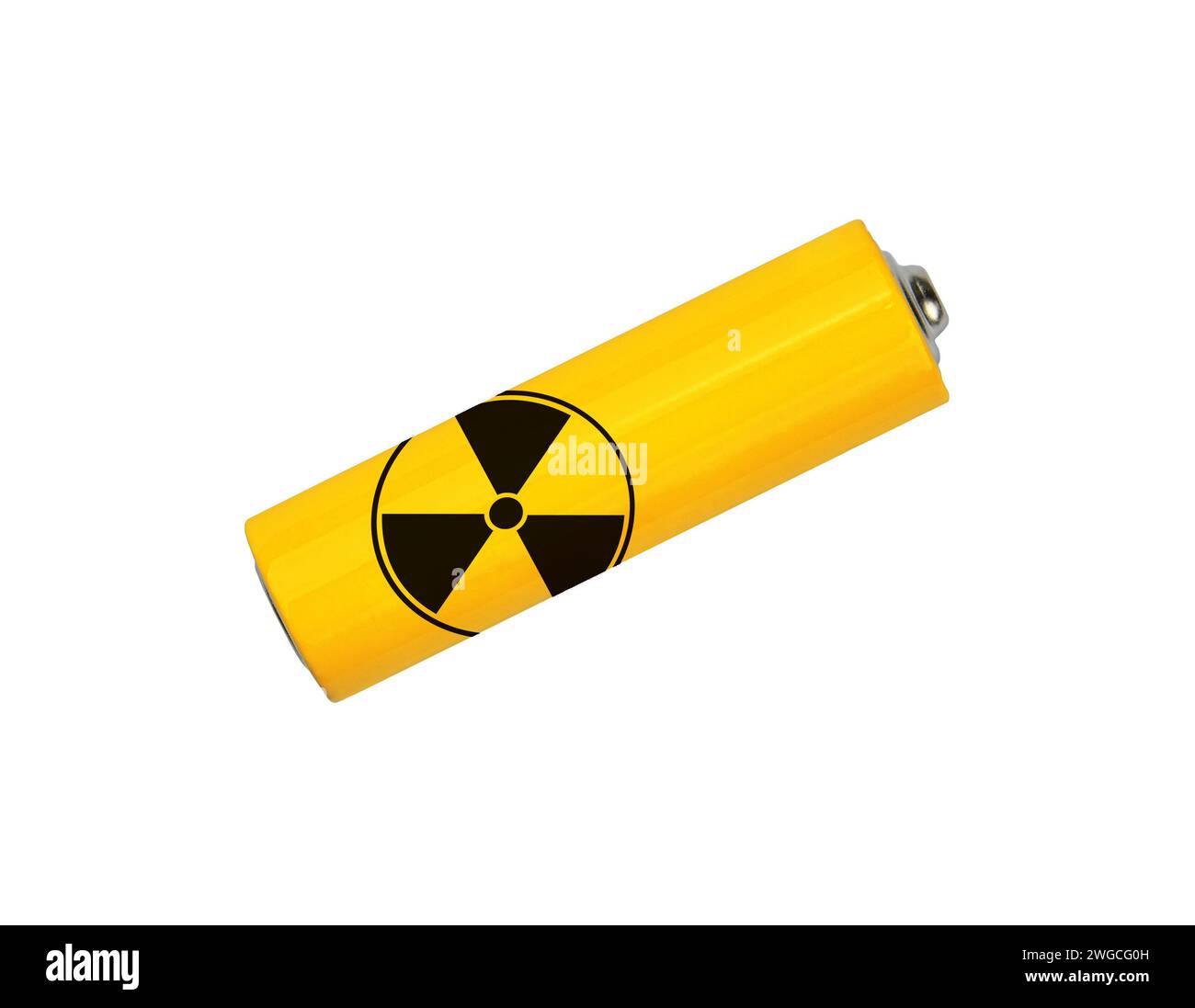 Close up one vivid yellow alkaline AA battery with black radioactive ...
