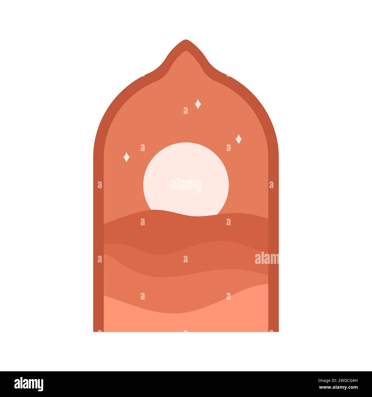 Oriental window with sunset view. Abstract moroccan landscape cartoon ...