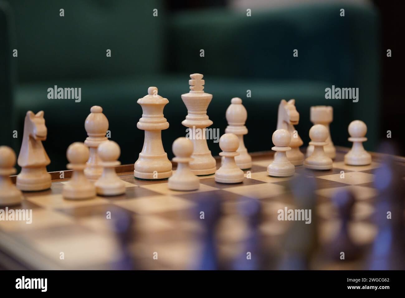 A white chess pieces on a chess board with a green couch in the ...
