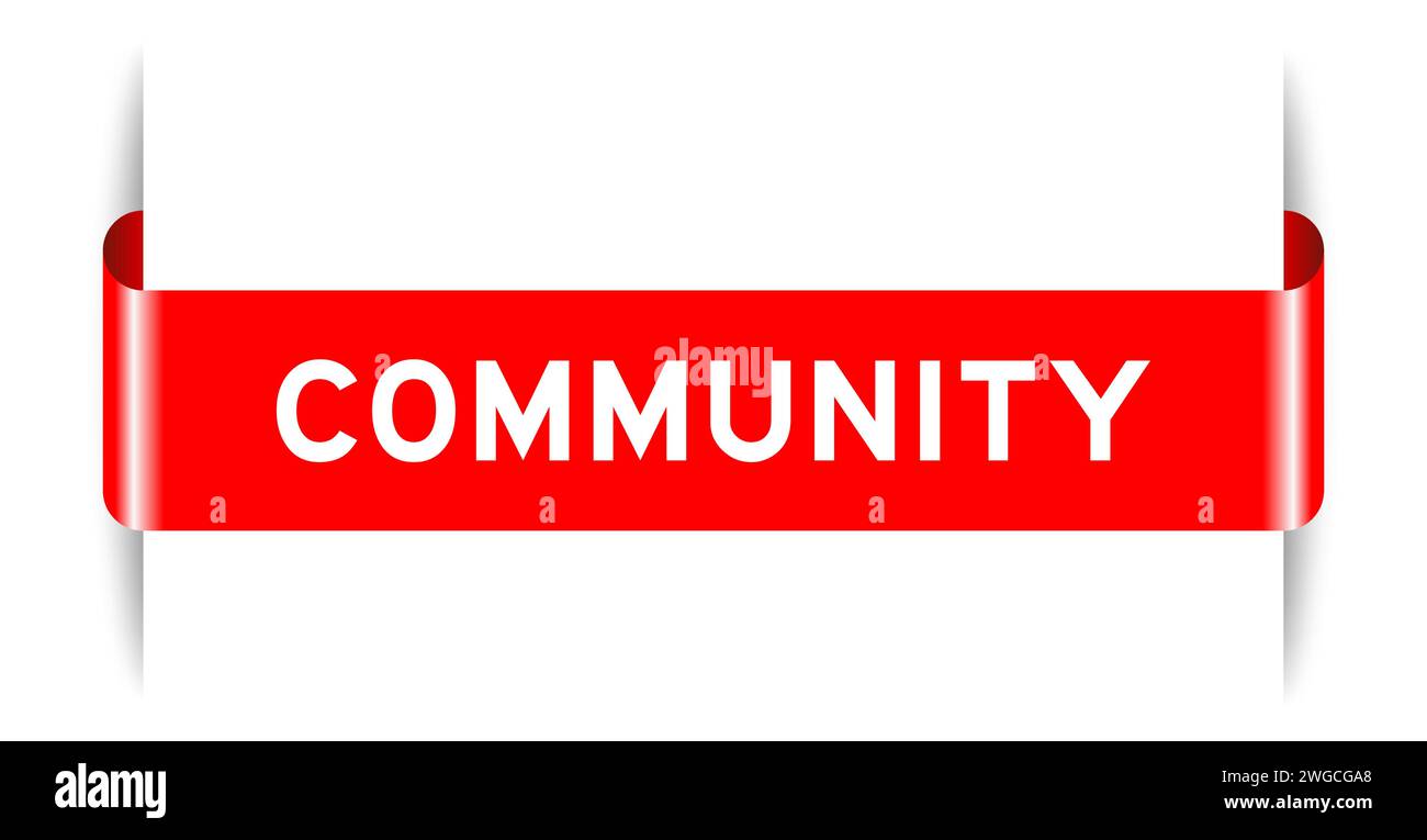 Red color inserted label banner with word community on white background ...