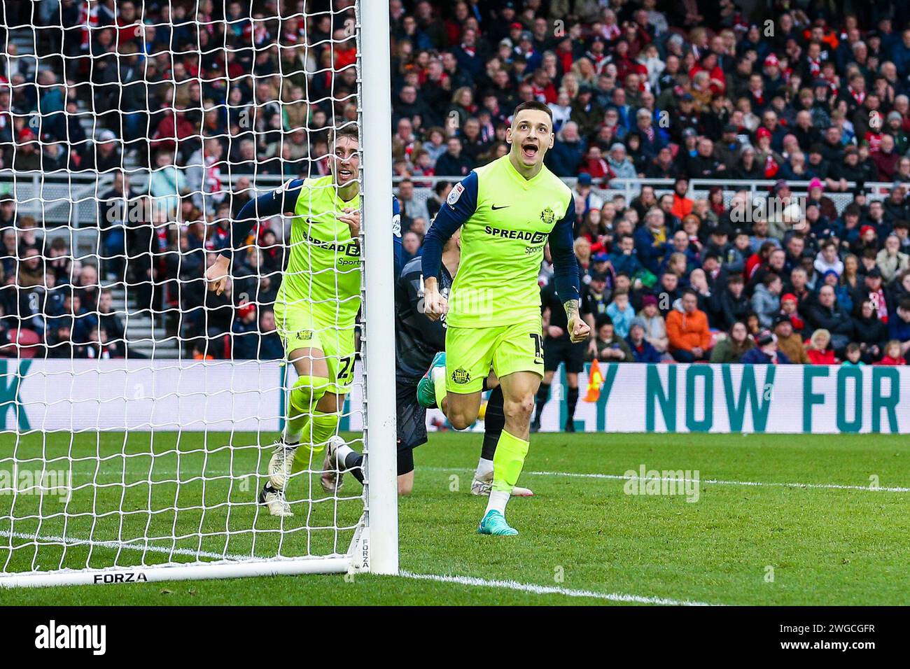 Sunderland forward Nazariy Rusyn (15) scores a GOAL 1-1 and celebrates ...