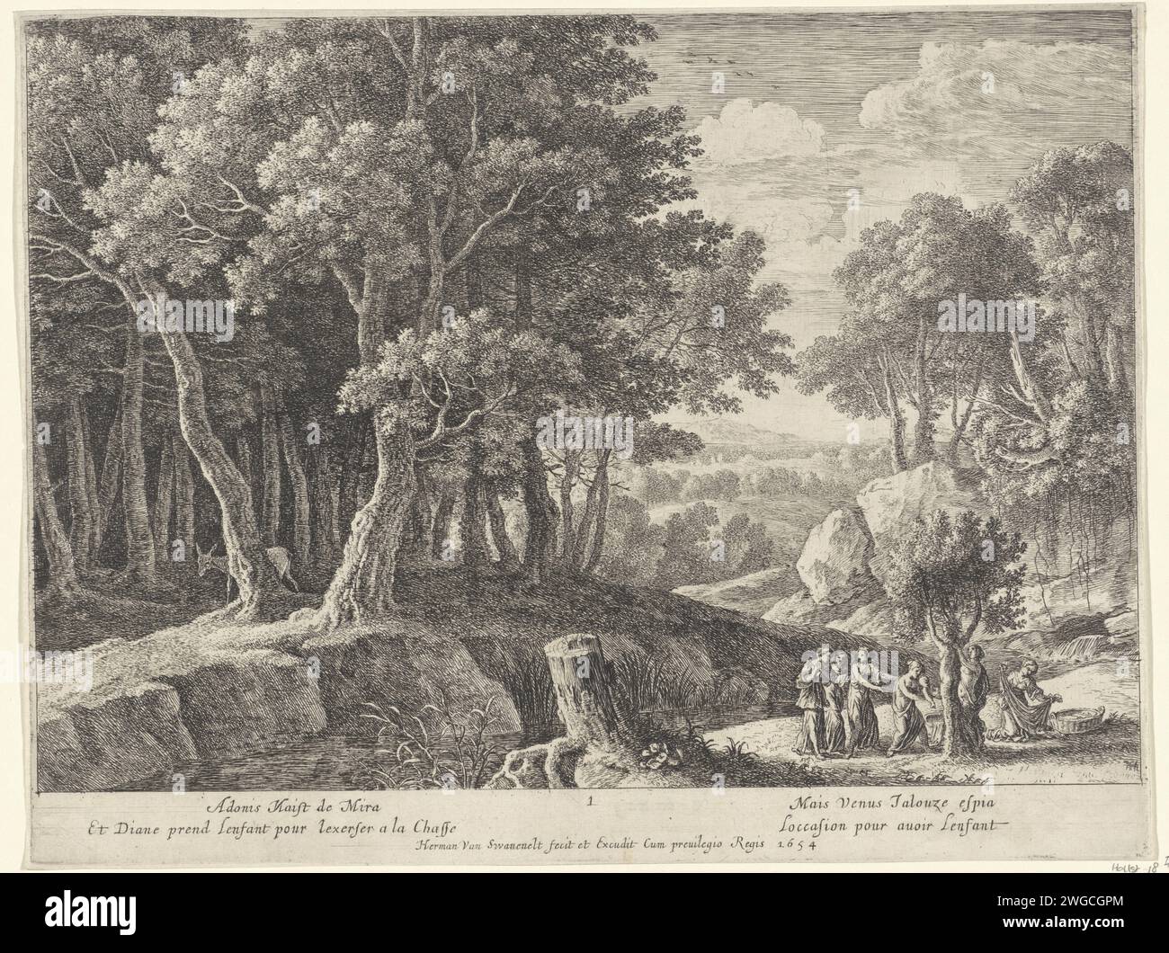 Birth of Adonis, Herman of Swanevelt, 1654 print In a hilly landscape ...