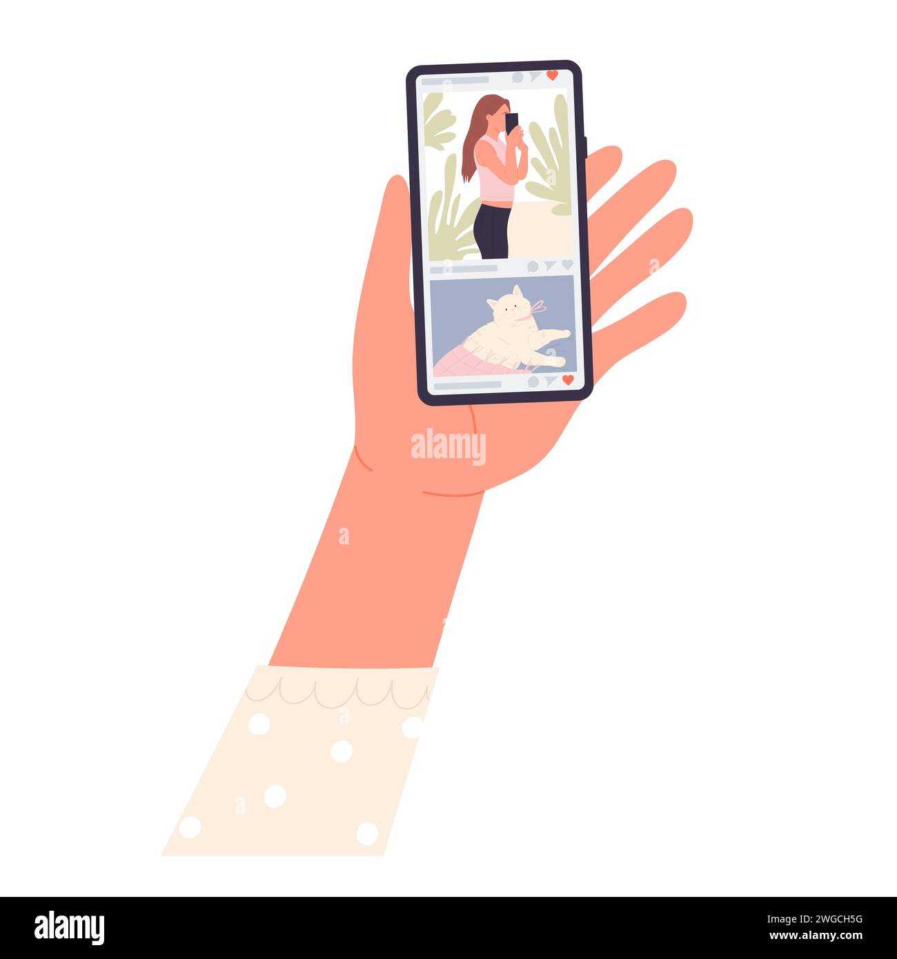 Phone in hand with social media feed. Scrolling social media, like reaction cartoon vector ...