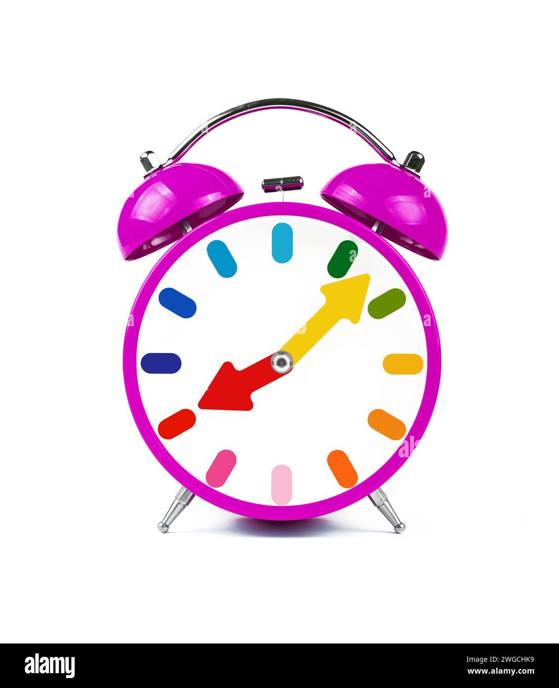 Close up one purple violet retro alarm clock with twin metal bells ...