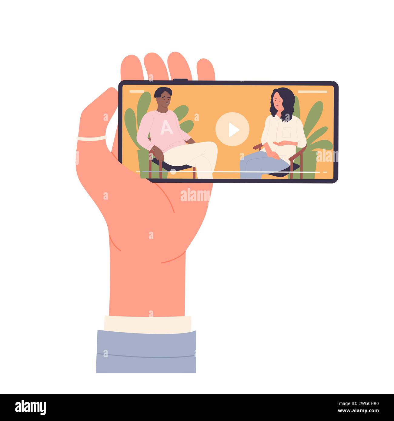 Phone in hand watching video. Watching interview on smartphone cartoon ...