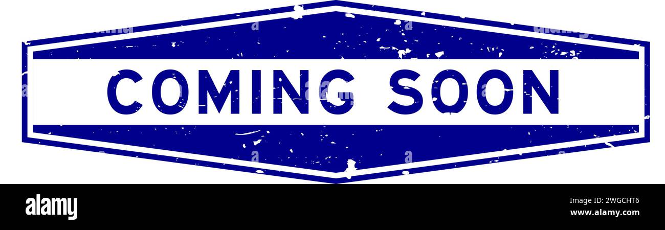 Grunge blue coming soon word hexagon rubber seal stamp on white ...
