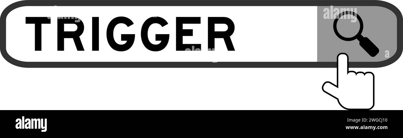 Search banner in word trigger with hand over magnifier icon on white ...