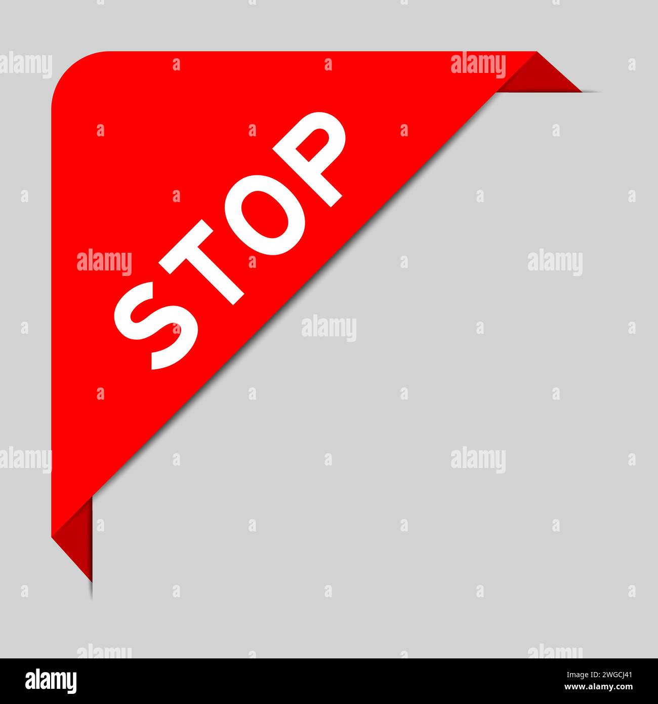 Red color of corner label banner with word stop on gray background ...