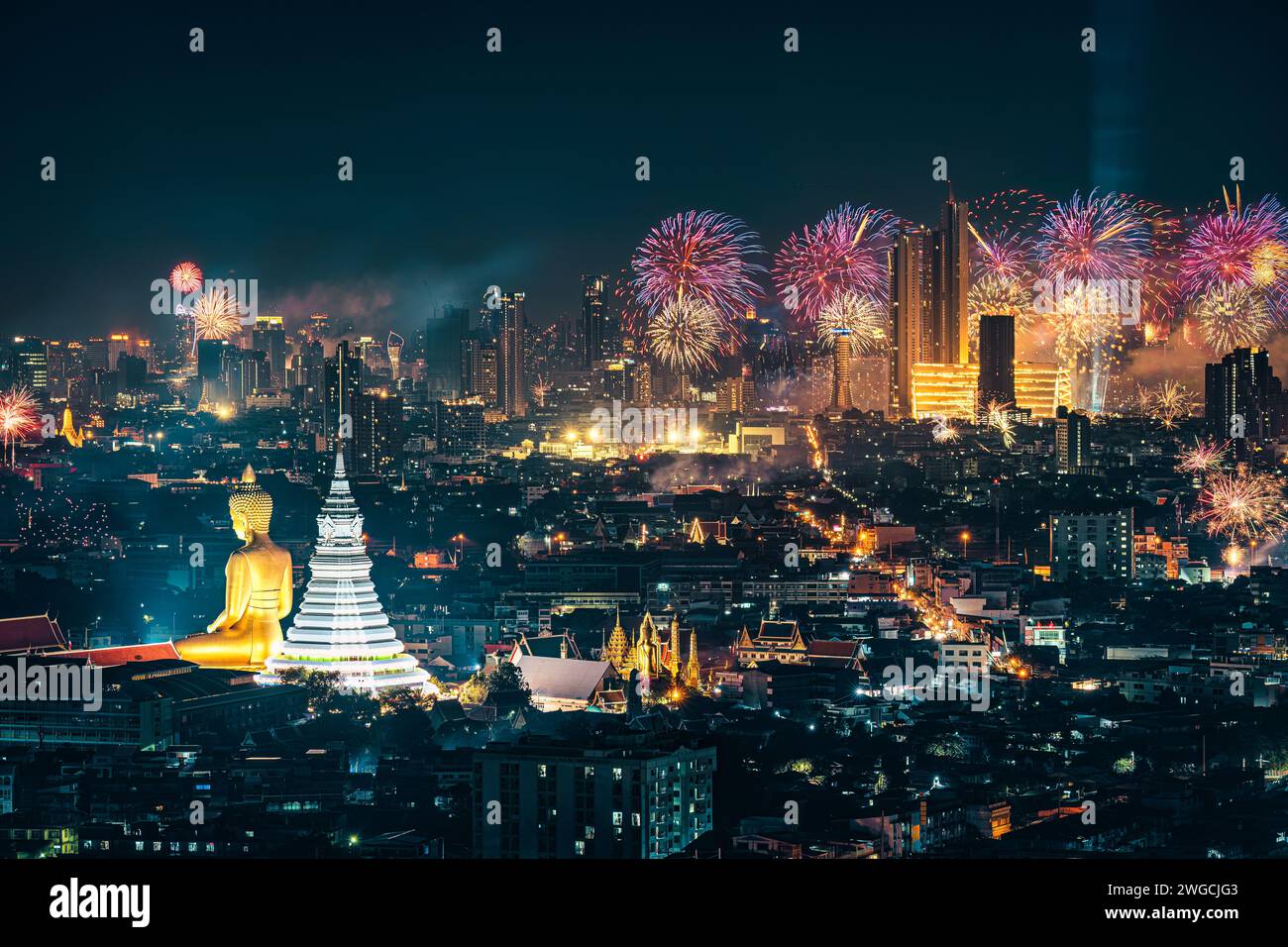 Cityscape of Bangkok night scene with building exterior, big buddha in ...