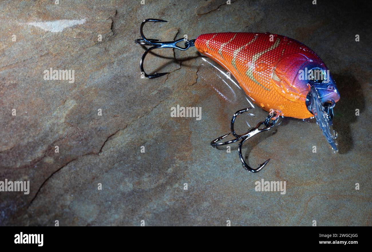Wet red and orange fishing lure on a rock with copy space Stock Photo ...