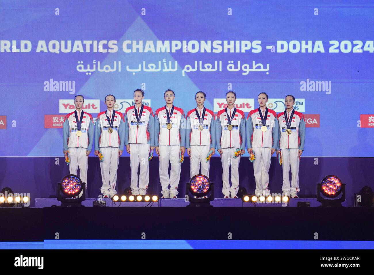 Doha, Qatar. 4th Feb, 2024. Gold medalists Team China line up during the awarding ceremony for ...