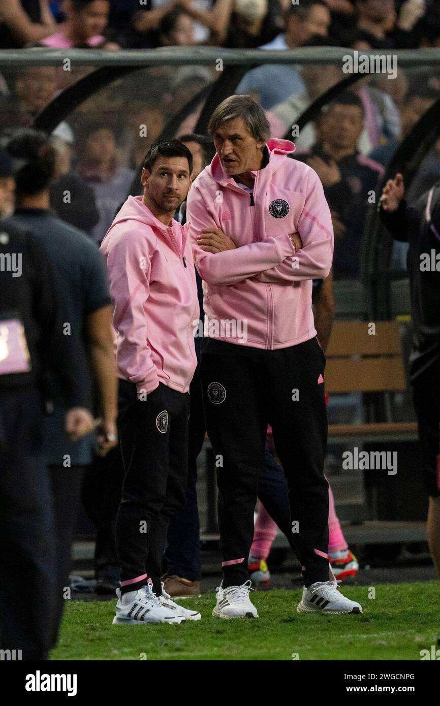 Inter Miami's Lionel Messi, left, looks on after the friendly football ...