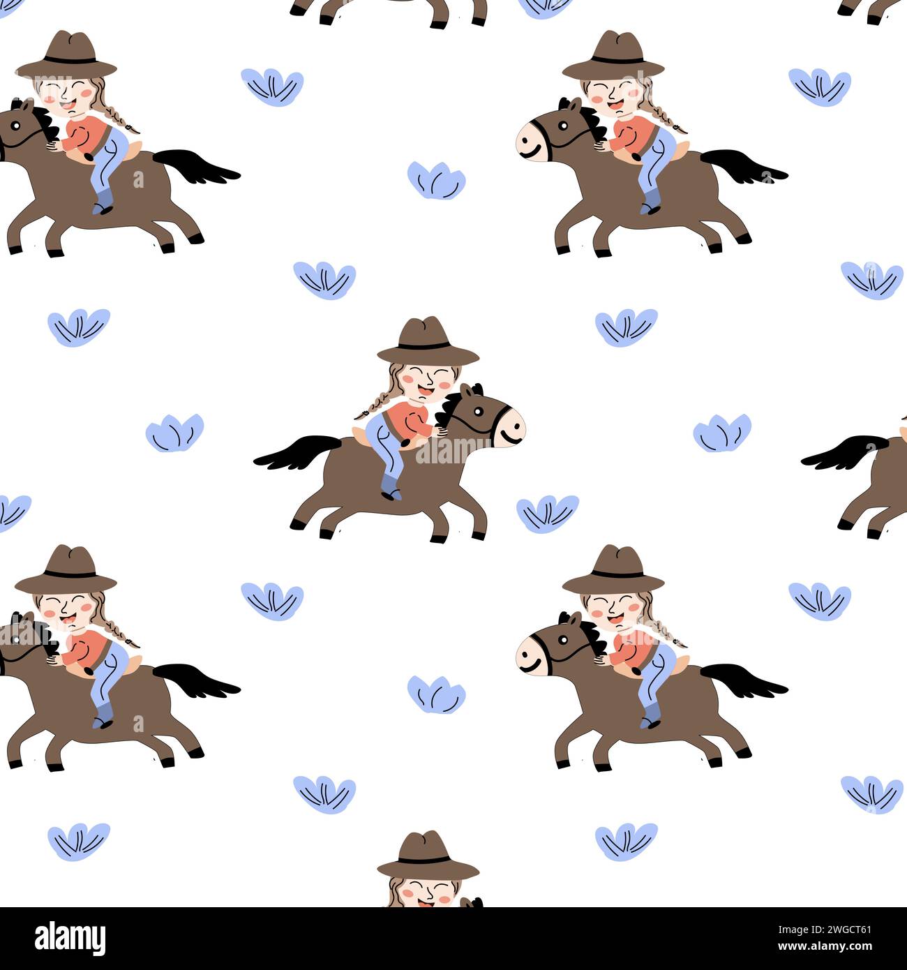 cowboy childish pattern with cowgirl. Vector illustration of cartoon ...