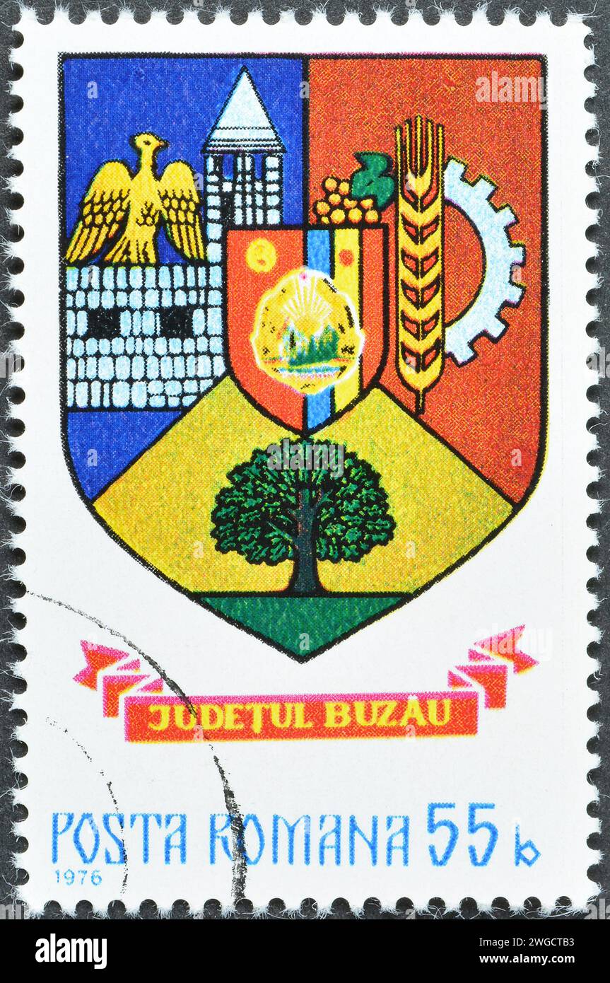 Cancelled postage stamp printed by Romania, that shows Coat of arms of ...