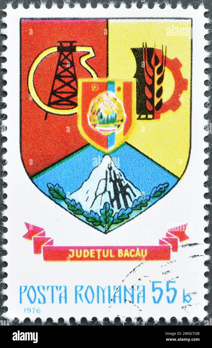 Cancelled postage stamp printed by Romania, that shows Coat of arms of ...
