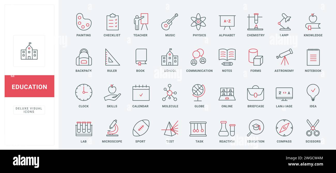 Education line icons set. Book and lab tests for study, school building ...
